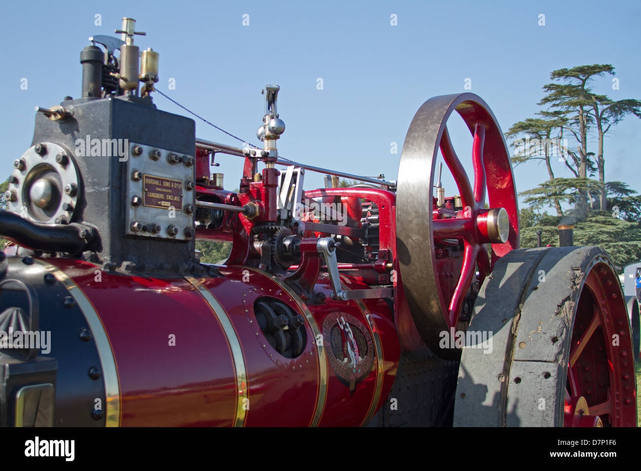 Detail of red steam traction engine taken at steam fair in Suffolk ...