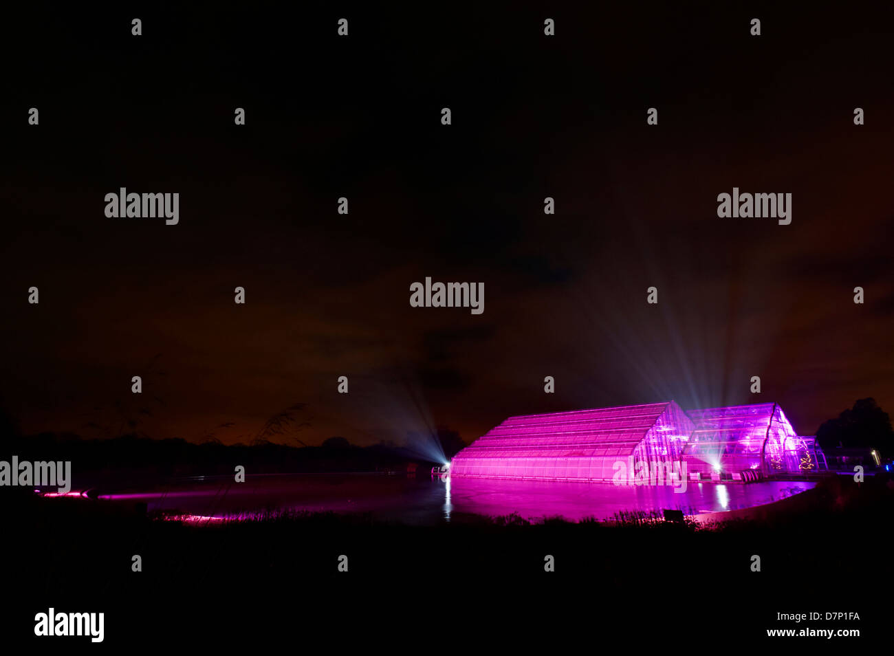 WISLEY GLASSHOUSE LIT UP IN THE LIGHT TRAIL EVENT Stock Photo - Alamy