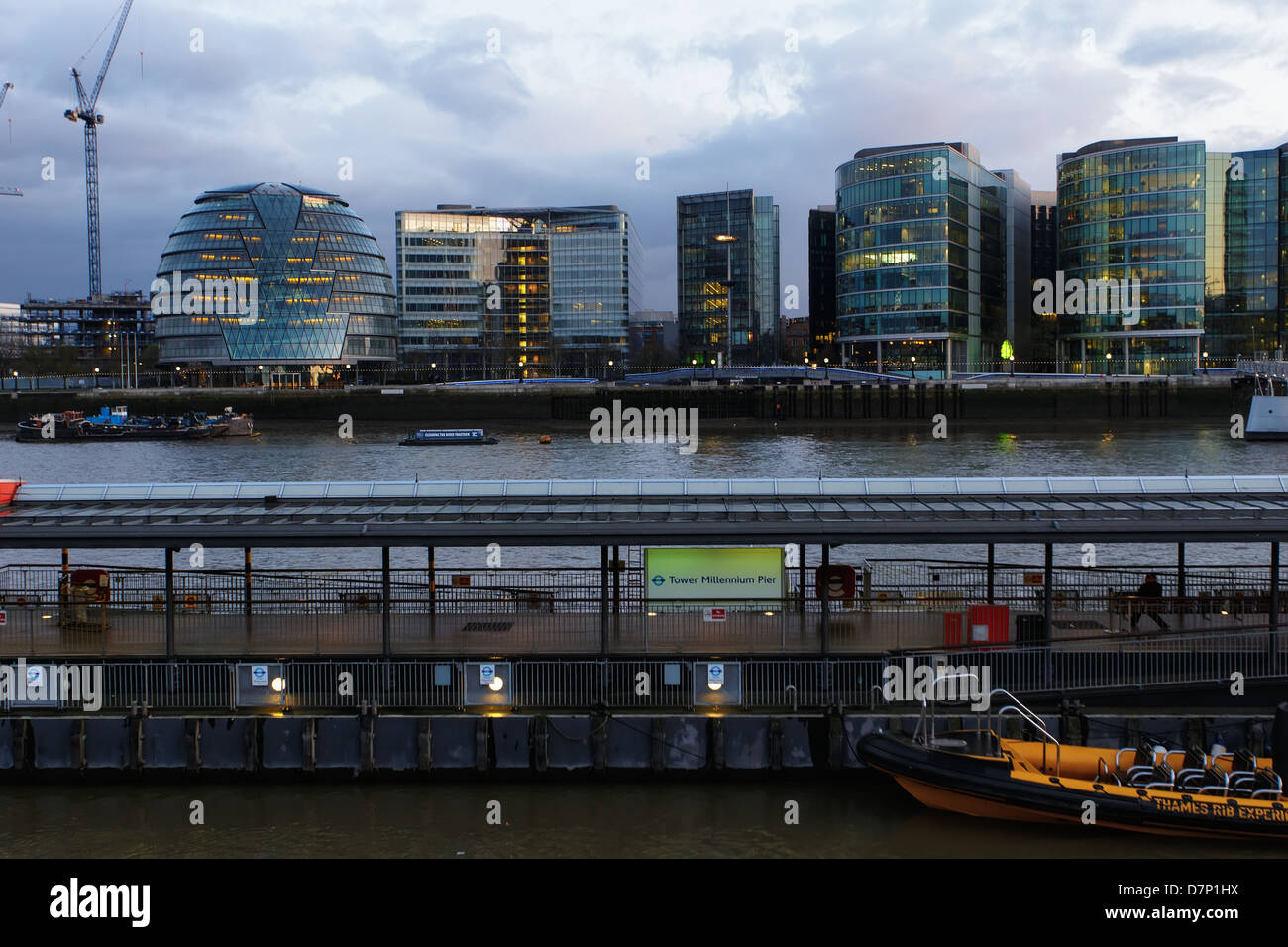 The london city hall modern buildings, view from the Thames river docks ...