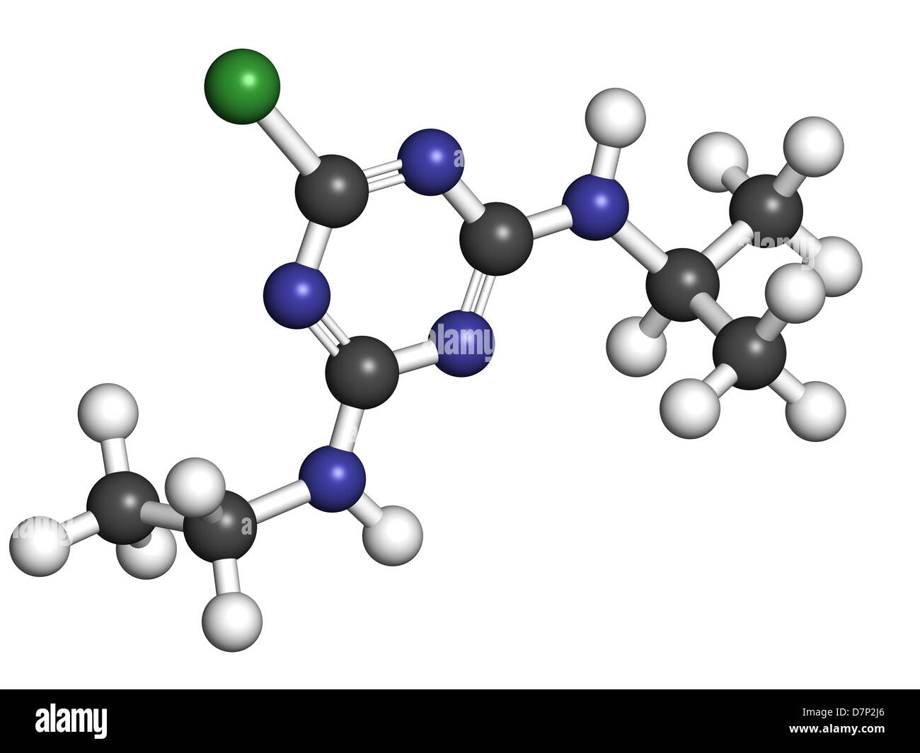 Atrazine herbicide, molecular model. Atoms are represented as spheres ...