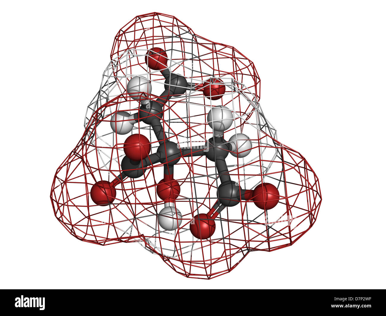 Citric acid, molecular model. Atoms are represented as spheres with ...