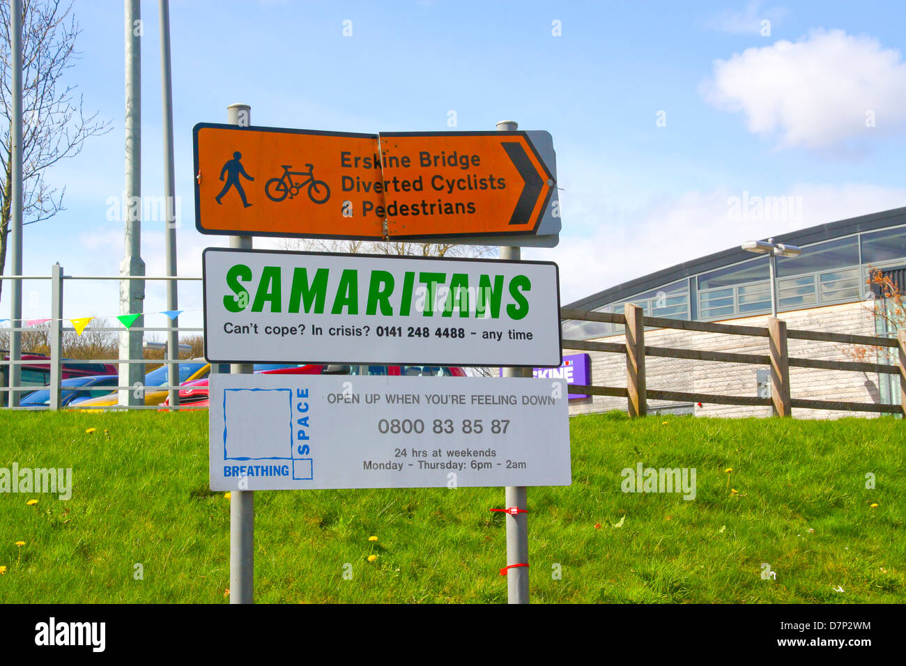 Samaritans and Breathing Space helpline number signs at Erskine Bridge ...