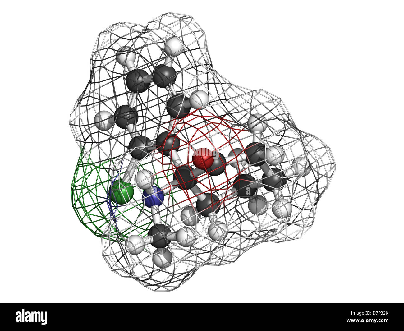 Ketamine anaesthetic drug, molecular model. Atoms are represented as ...