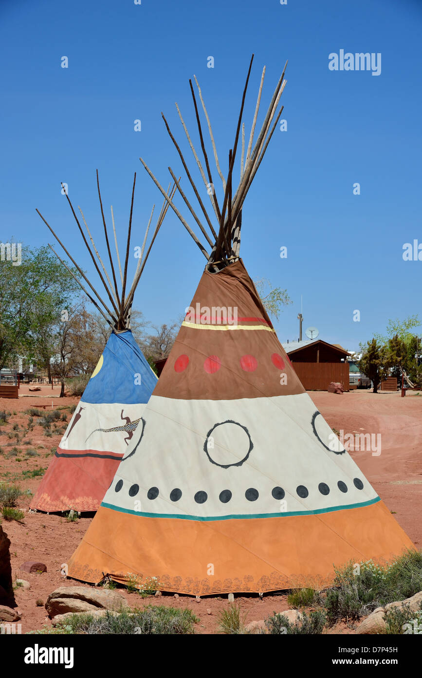 Colorful tipi tents under blue sky, marks of old west. Moab, Utah, USA ...