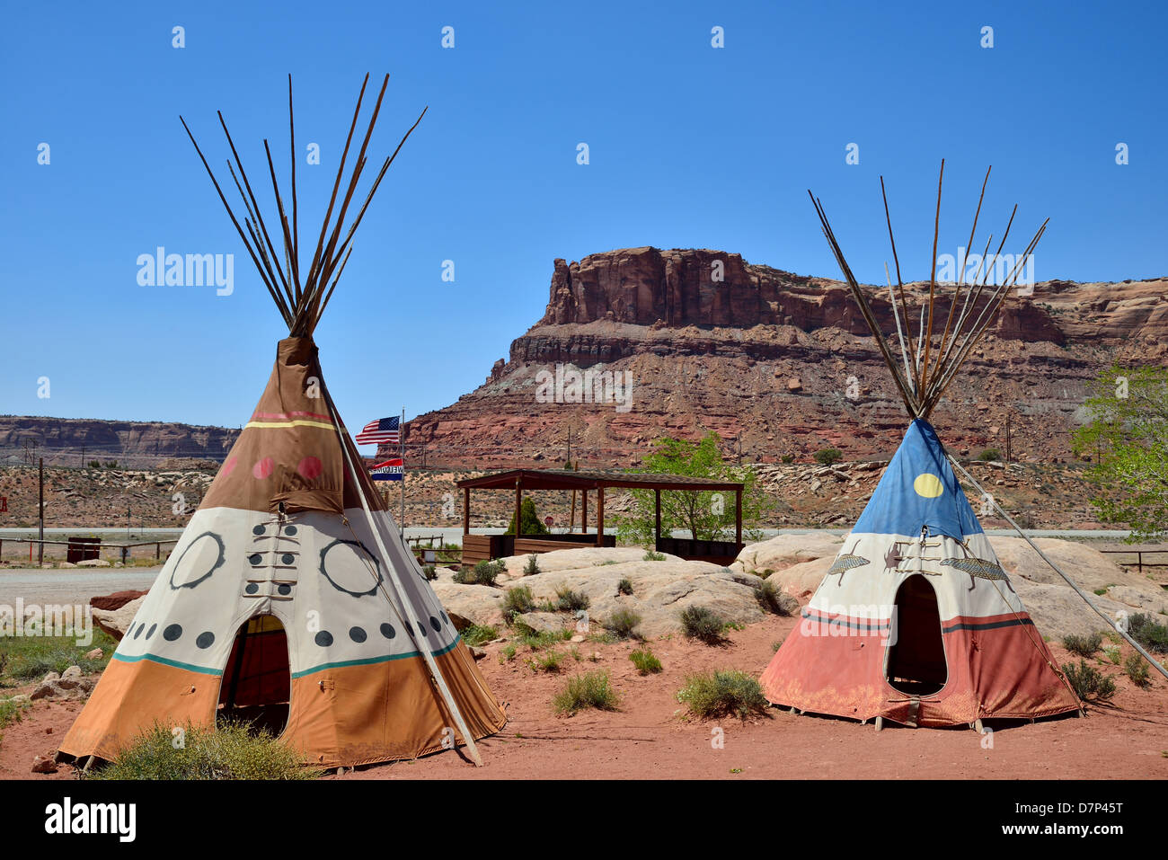 Colorful tipi tents under blue sky, marks of old west. Moab, Utah, USA ...