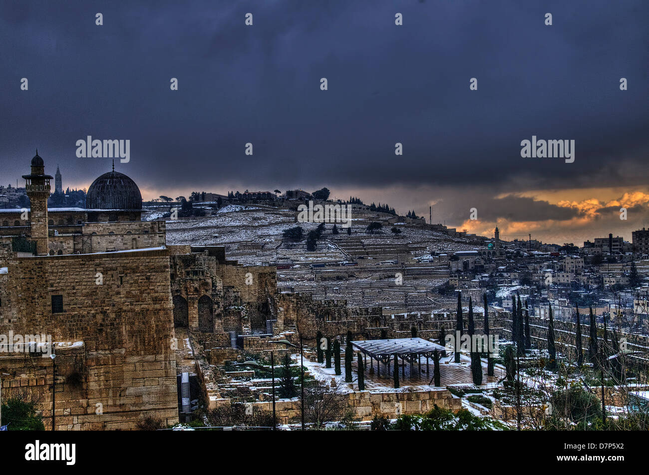 Al Aqsa mosque, The jewish cemetry on Mount of Olives and the tower in ...
