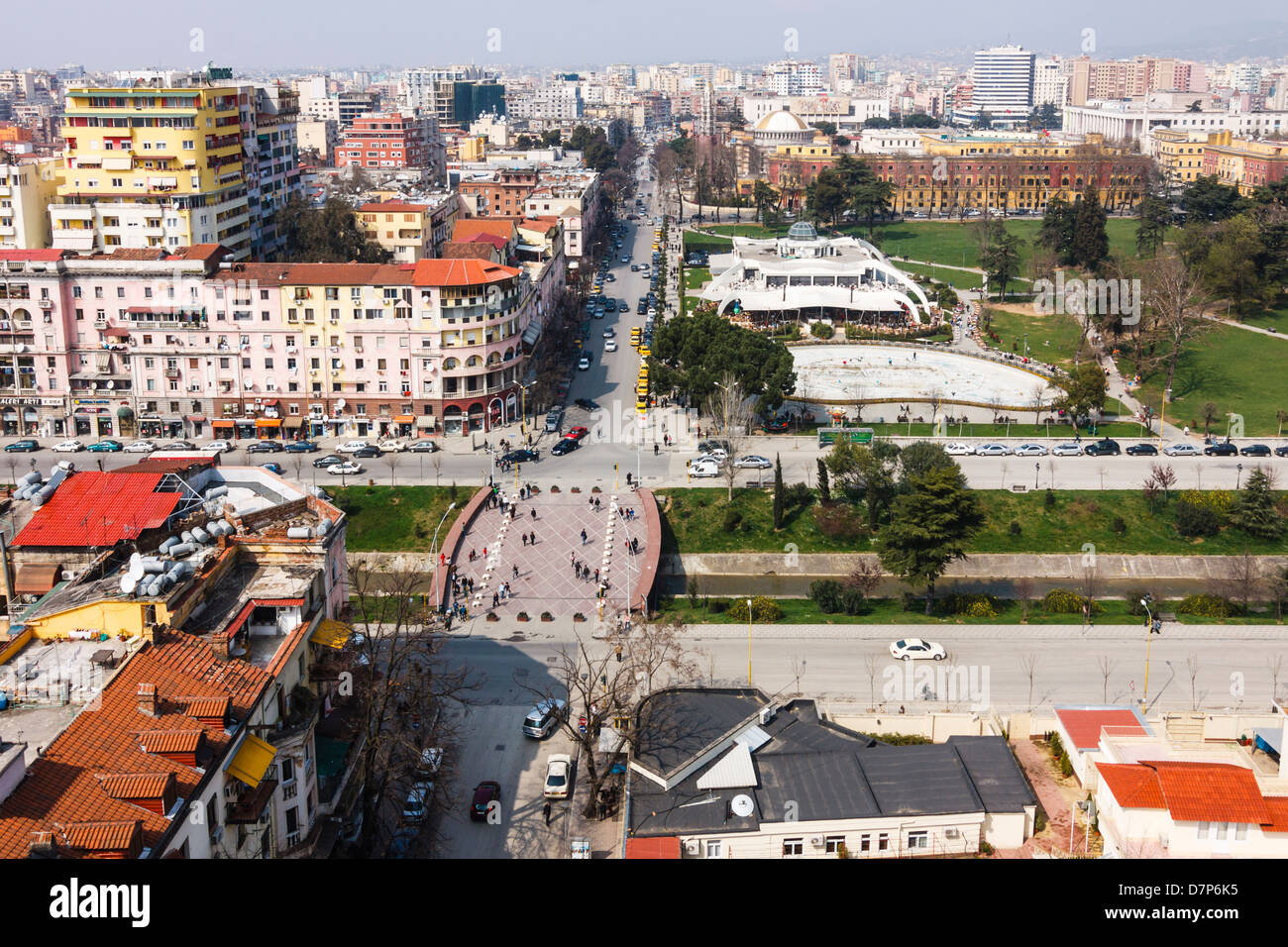 Tirana downtown overview with Rinia Park and Taivani center. Albania ...