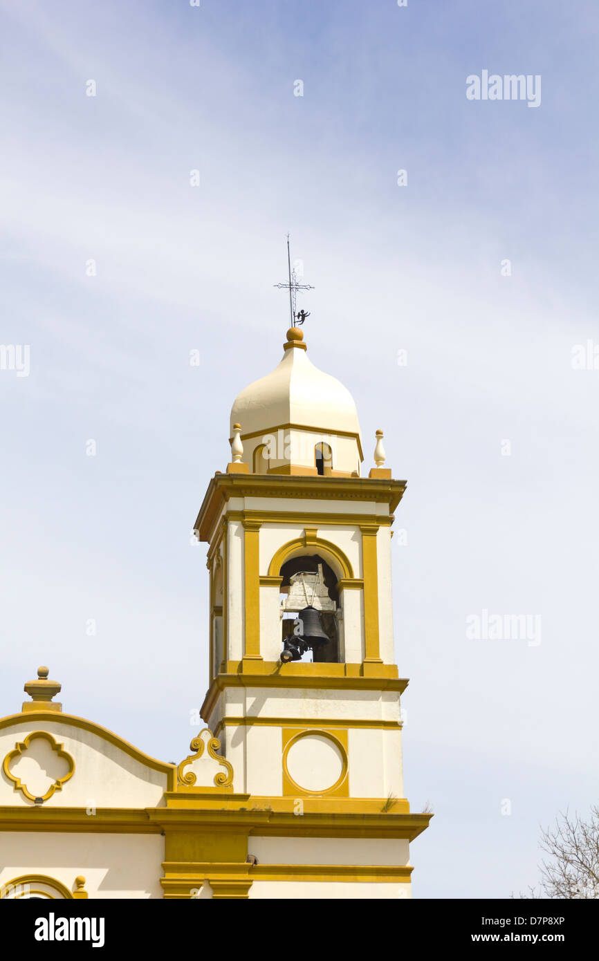 Spanish colonial-style bell tower, in the province of Rio Negro ...