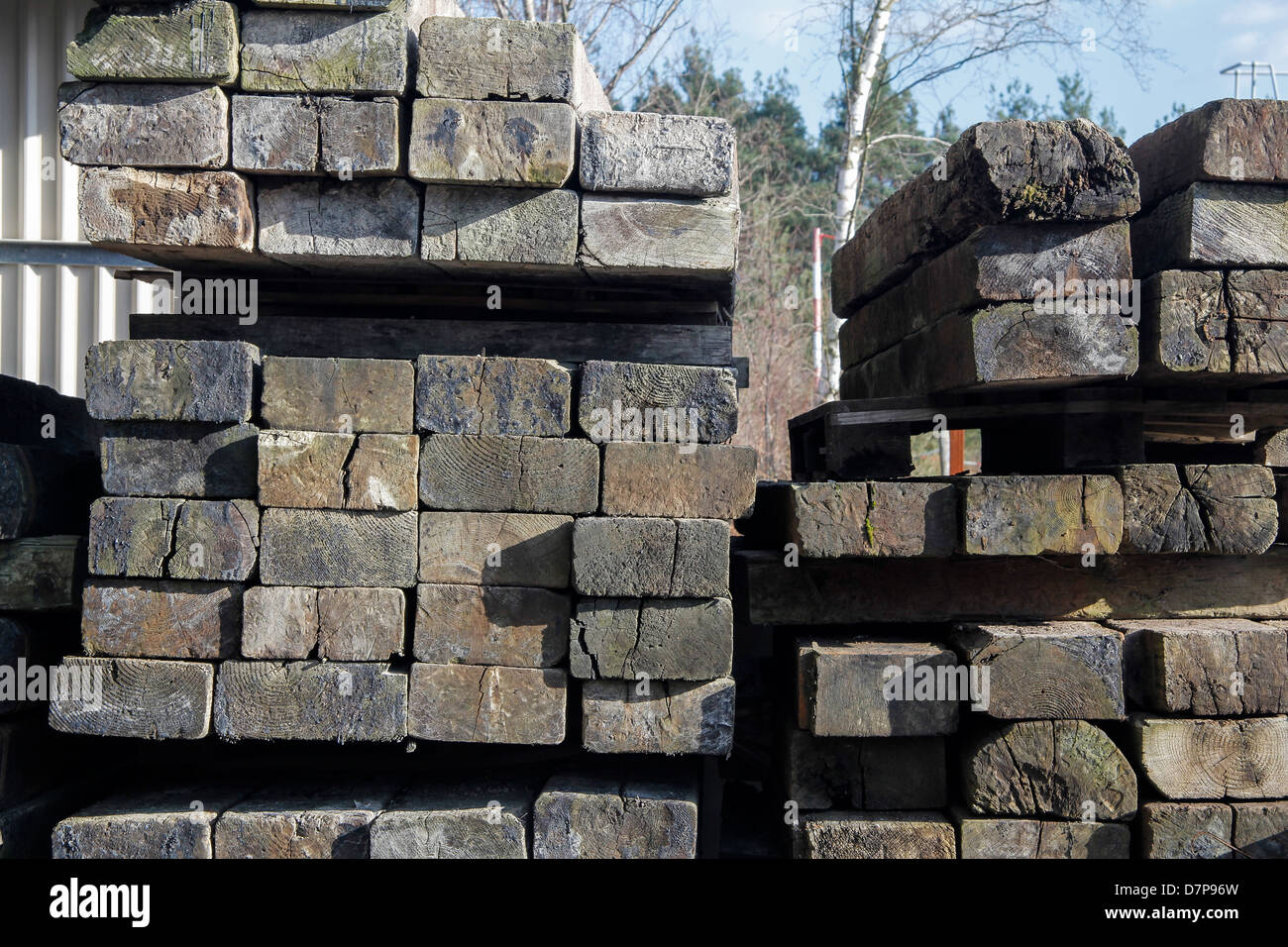 End view of a stack of railway sleepers Stock Photo - Alamy