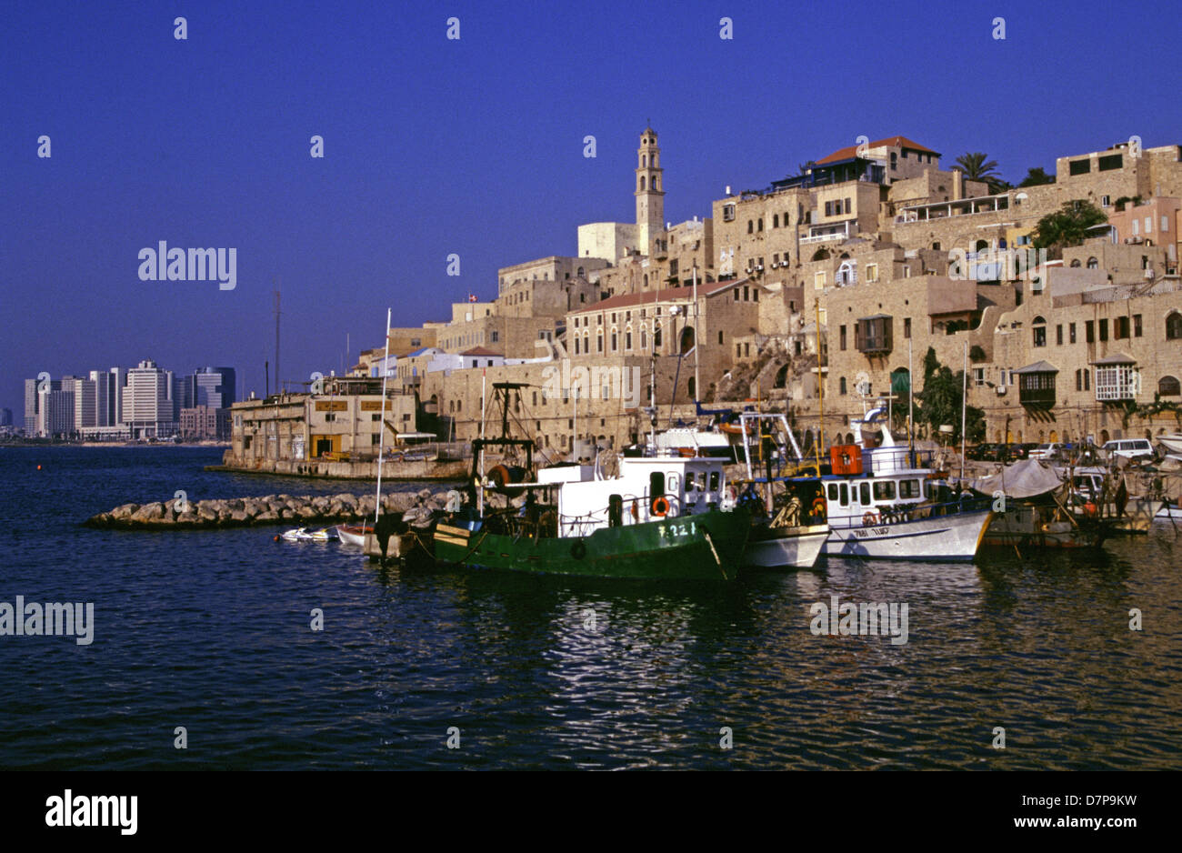 Fishing boats moored at the old Jaffa Port the southern and oldest part ...
