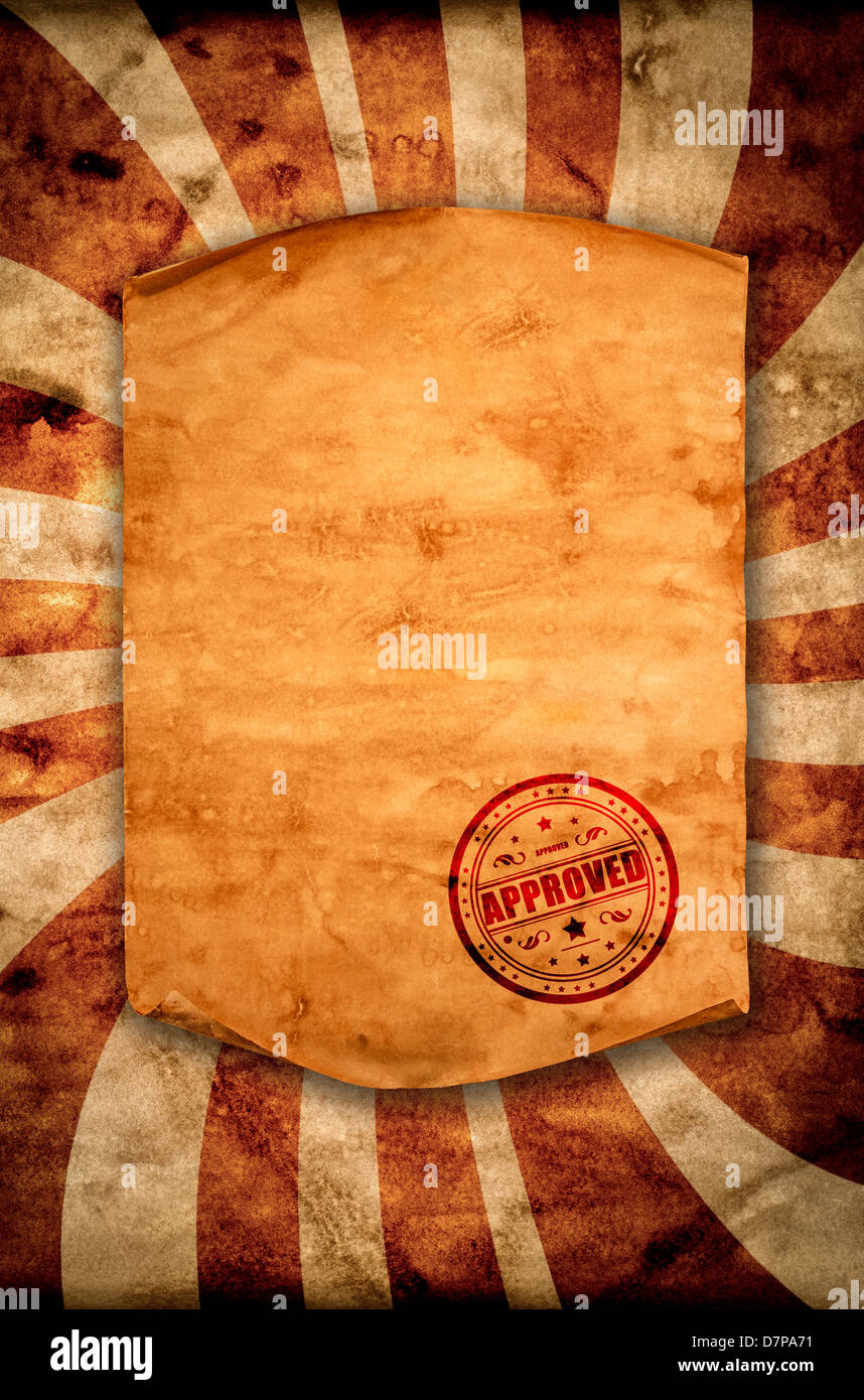 Blank old paper with curled edge hanging on the wall. With the stamp of ...