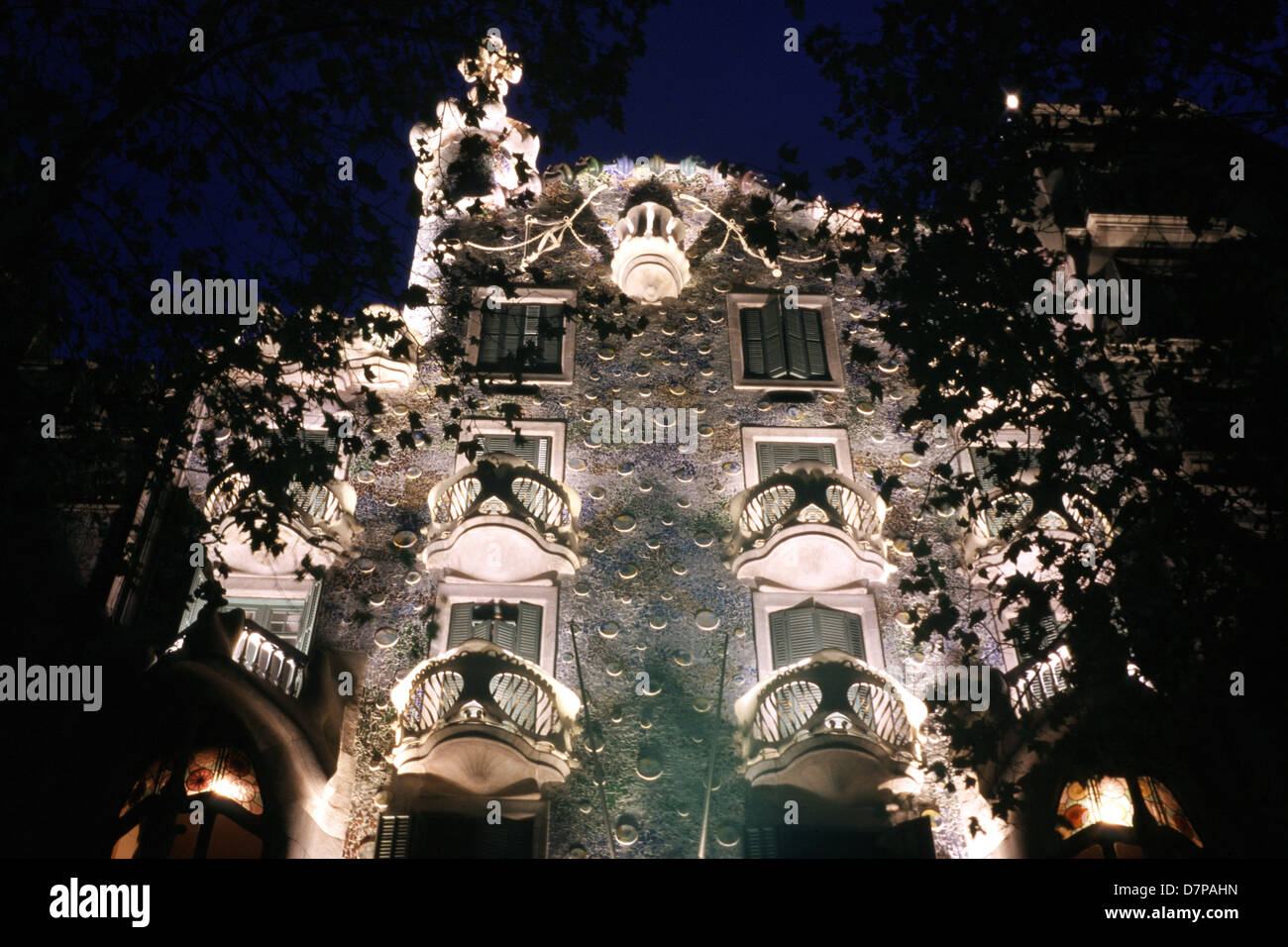 Exterior view at night of Casa Batllo a renowned building designed by ...