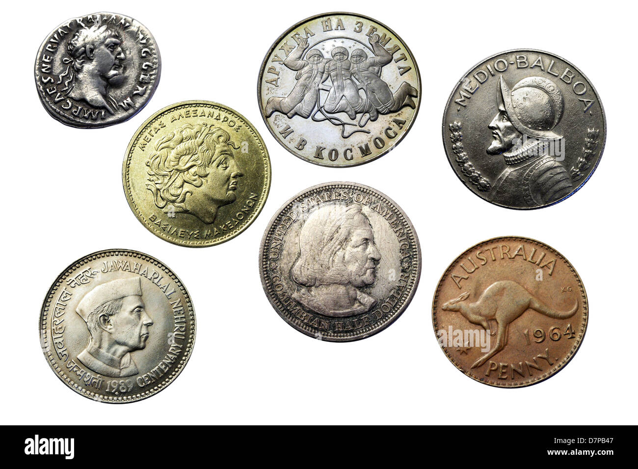 seven coins of different times and countries over white Stock Photo - Alamy