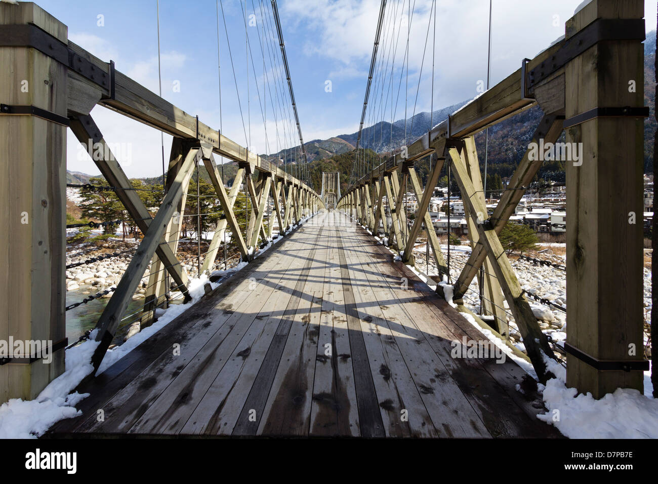 Japan, Mountain town of Nagiso. Low angle view along the Momosukebashi ...