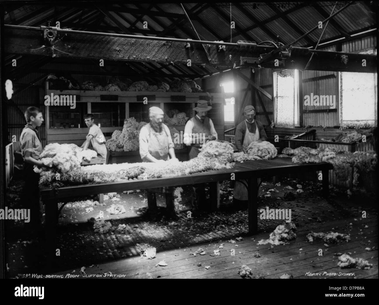 A black-and-white photograph of the wool-sorting room at Clifton ...