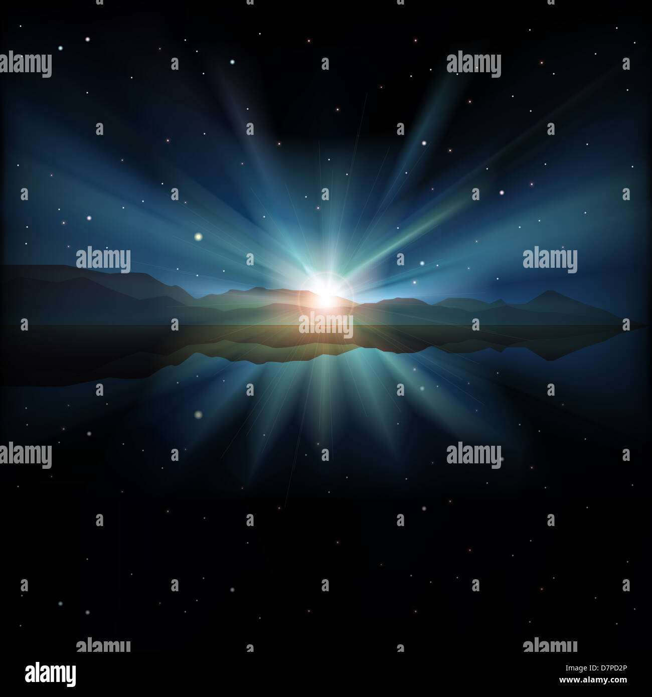 abstract blue background with sunrise and mountains Stock Photo - Alamy