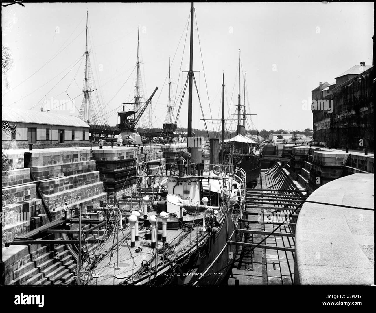 This historic black-and-white photograph shows the Sutherland Dry Dock ...