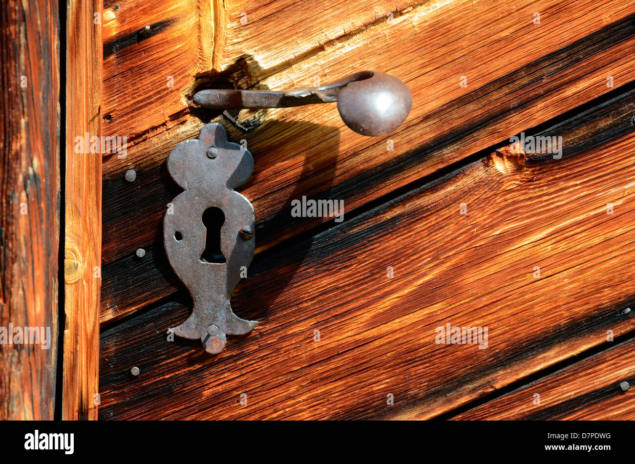 Old wooden door on a mountain hut in the Lech Valley in Tyrol, Alte ...