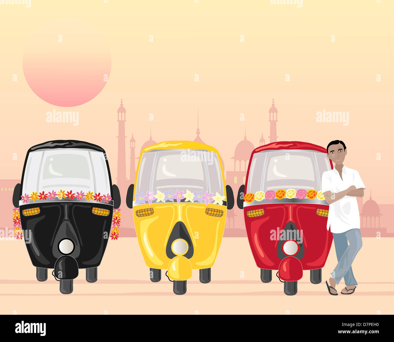 an illustration of a row of parked auto rickshaws in different colors ...