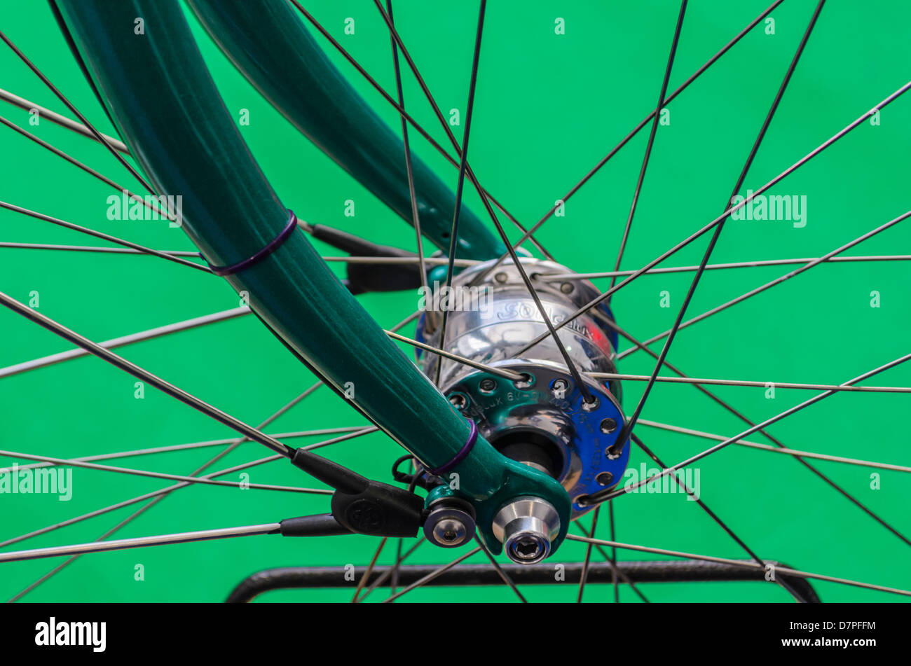 Close-up of front hub of bicycle on display at Bicycle Fair in Berlin ...