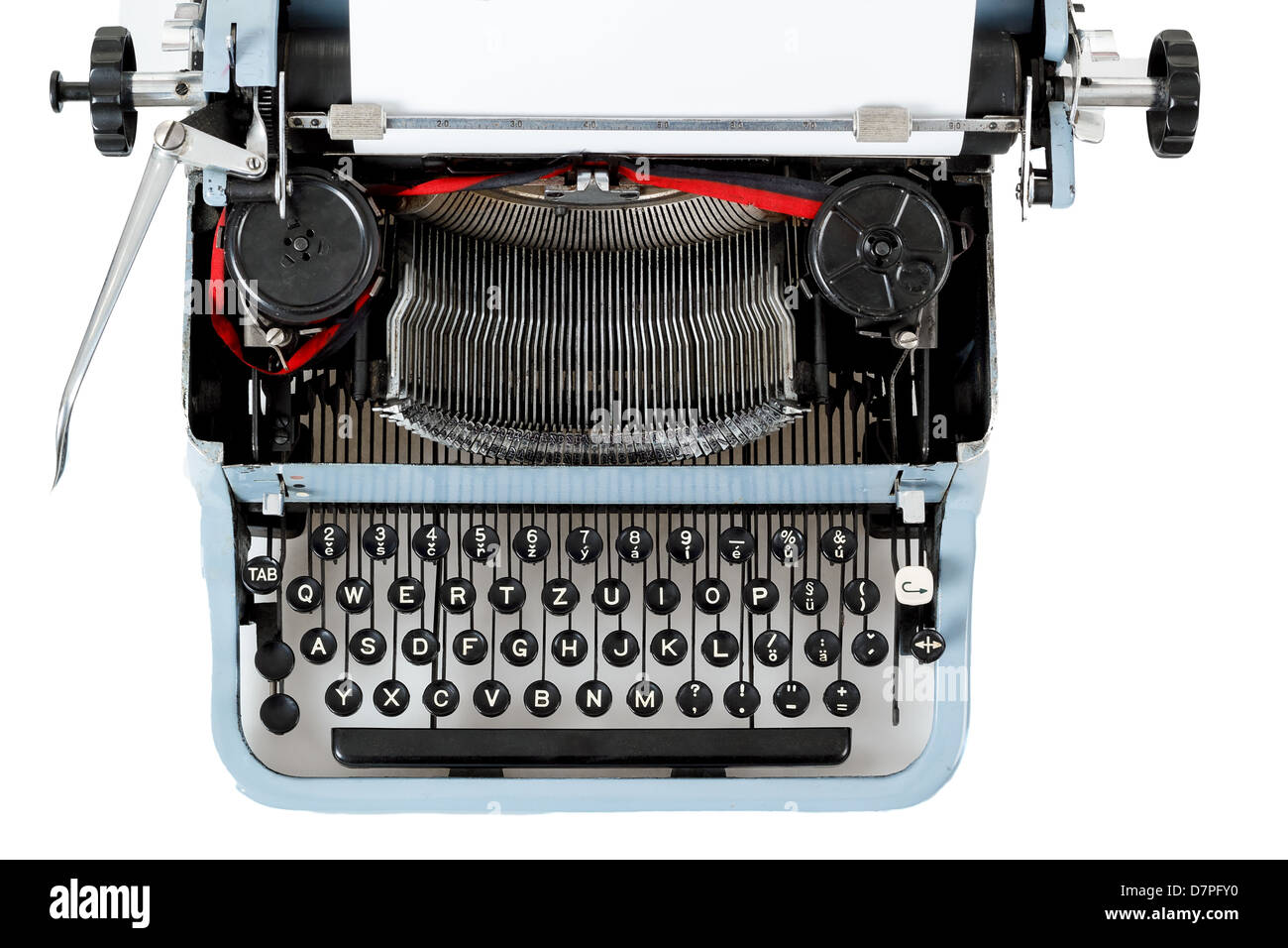 retro uncovered blue typewriter on white background Stock Photo - Alamy