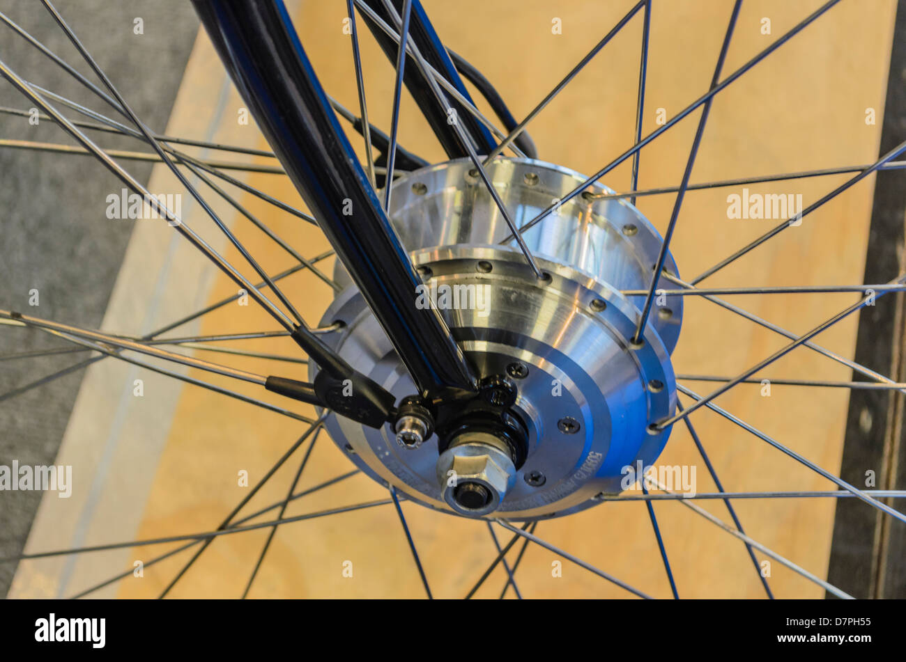 Close-up of front hub of bicycle on display at Bicycle Fair in Berlin ...