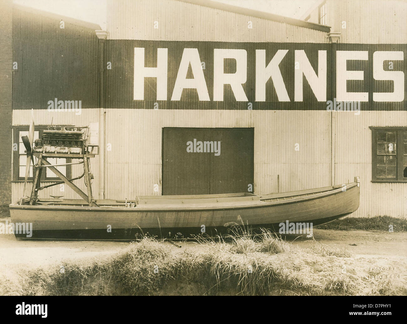 This 1928 photograph shows a hydroglider outside the Harkness & Hillier ...