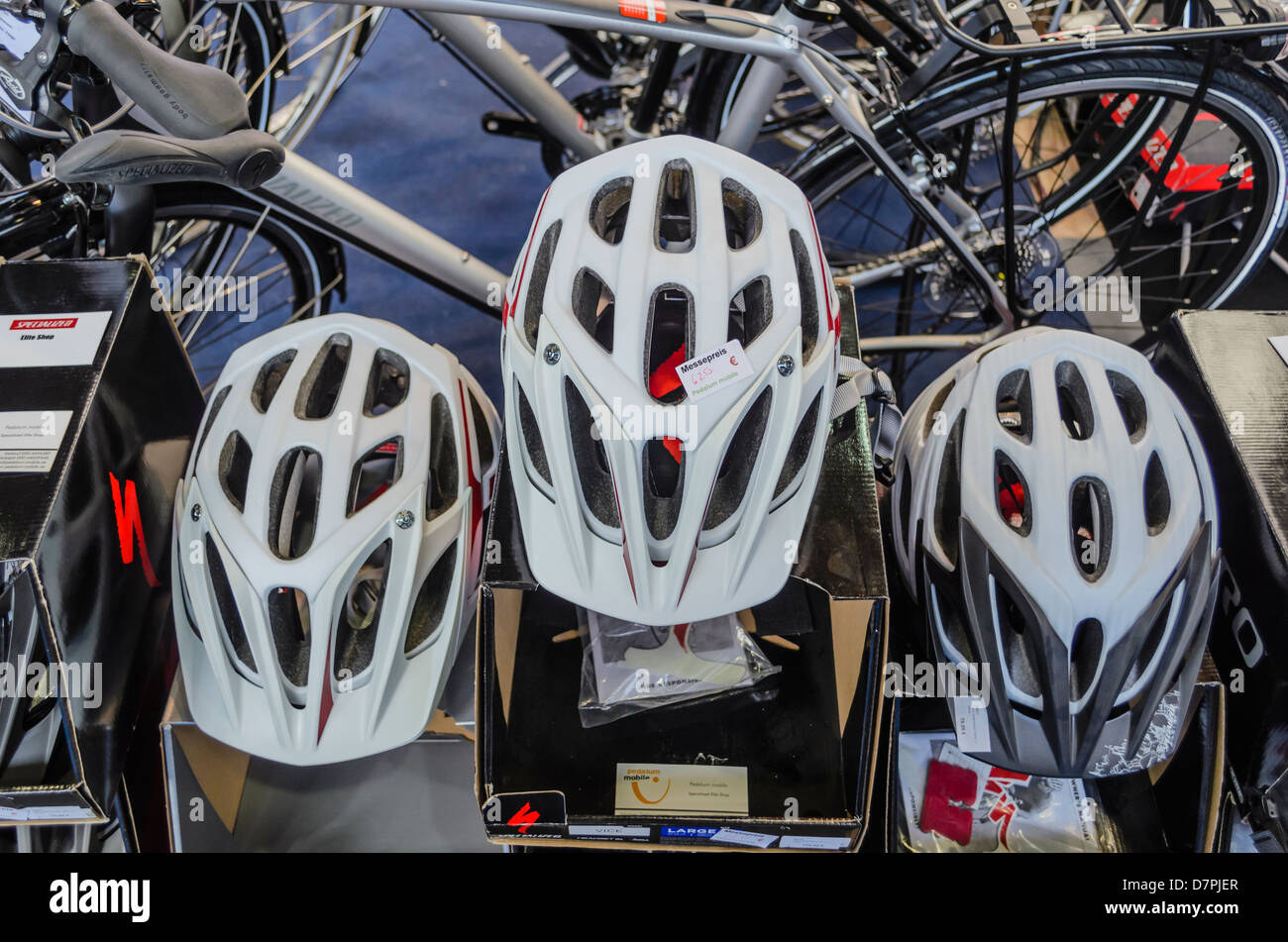 Crash helmet for cyclists on display at Bicycle Fair in Berlin, Germany ...