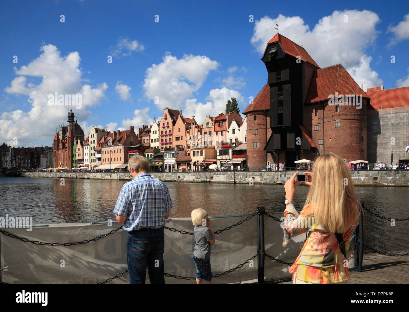 promenade at river Motlawa with Crane Gate, Gdansk, Poland Stock Photo ...
