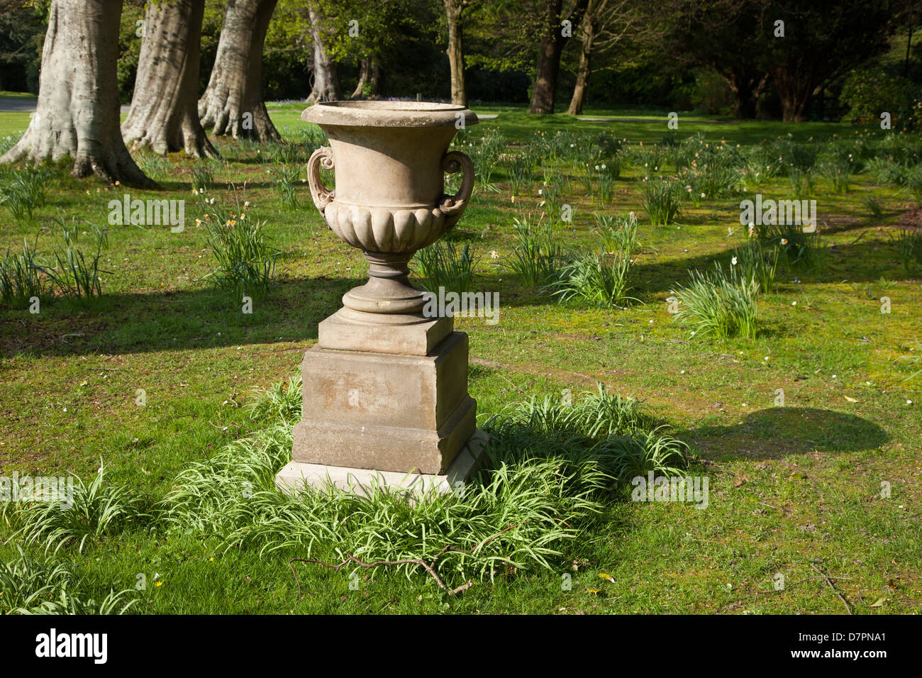 Garden ornament, stoneware urn on plinth. Beech trees, lawn, spring ...