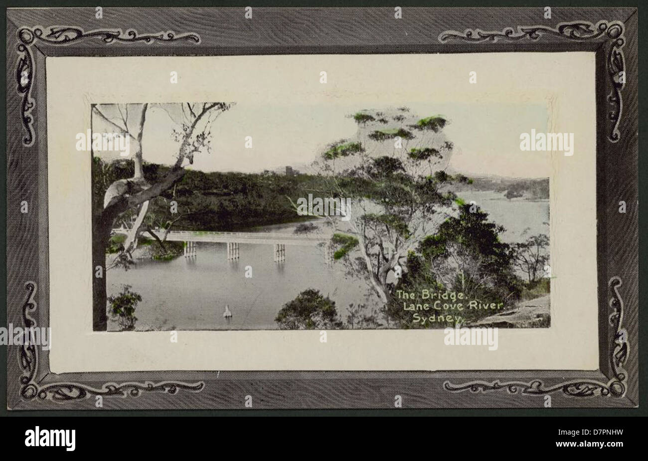 A historic photograph of the Lane Cove River Bridge in Sydney, captured ...