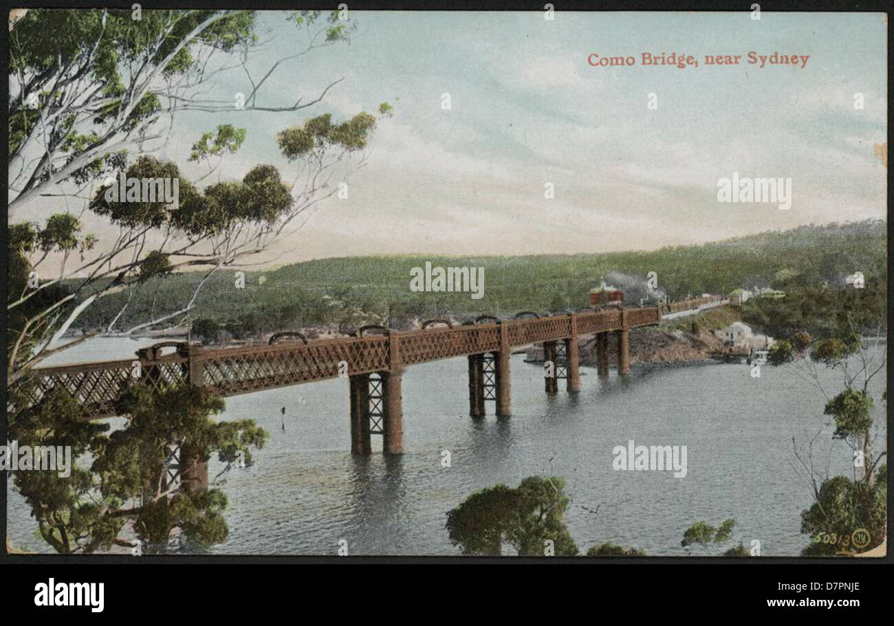 This historical photograph captures the Como Bridge near Sydney in 1907 ...