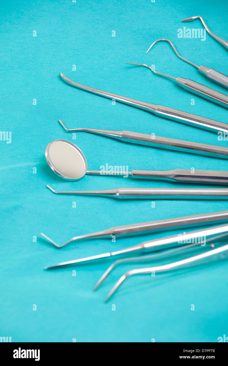 Set of metal medical equipment tools for teeth dental care Stock Photo ...