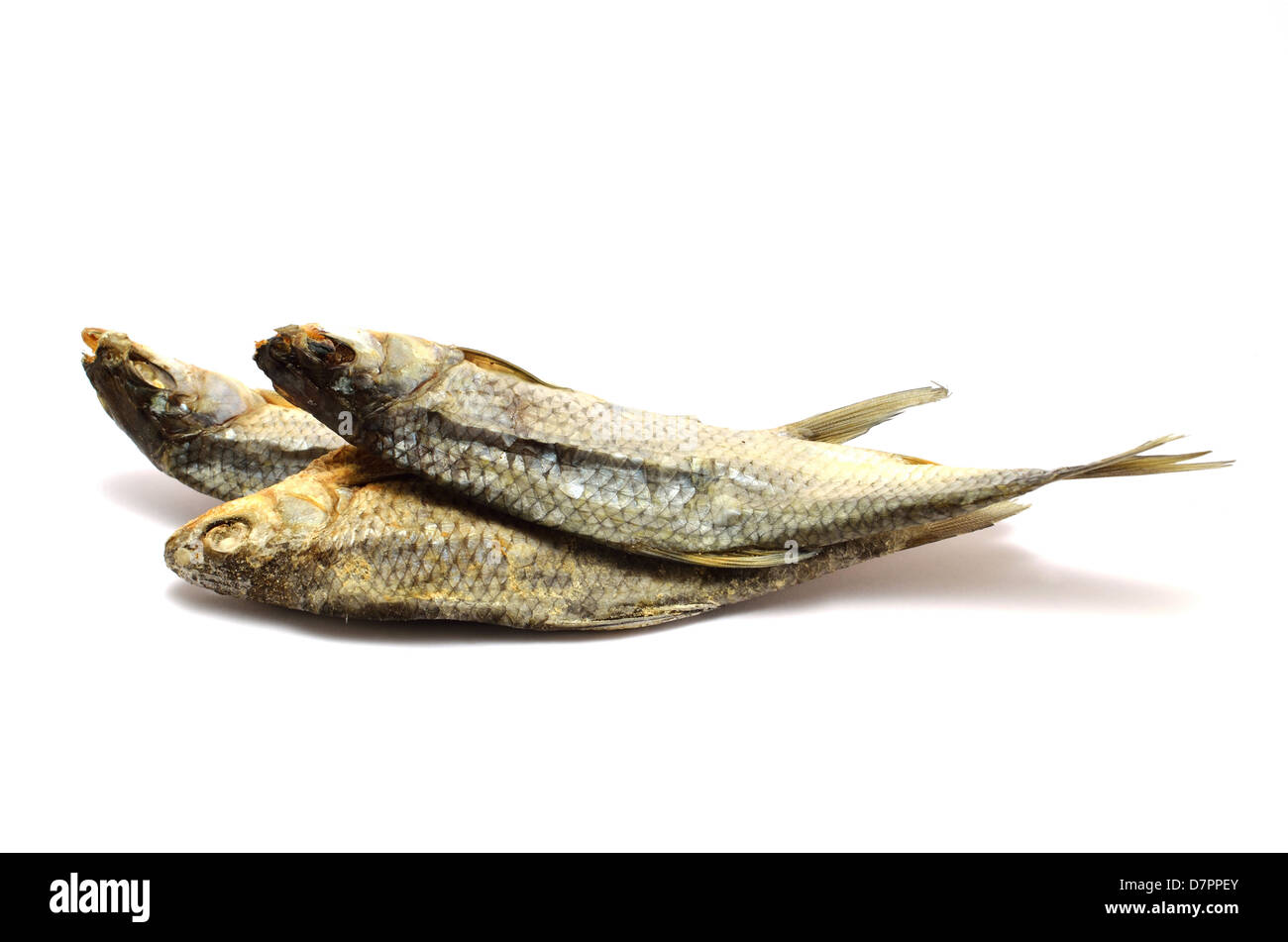 three dry medium fishes on a white background Stock Photo - Alamy