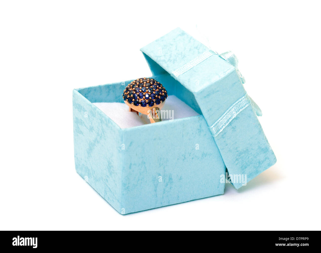 Cyan gift boxes with ring closeup on white background Stock Photo - Alamy