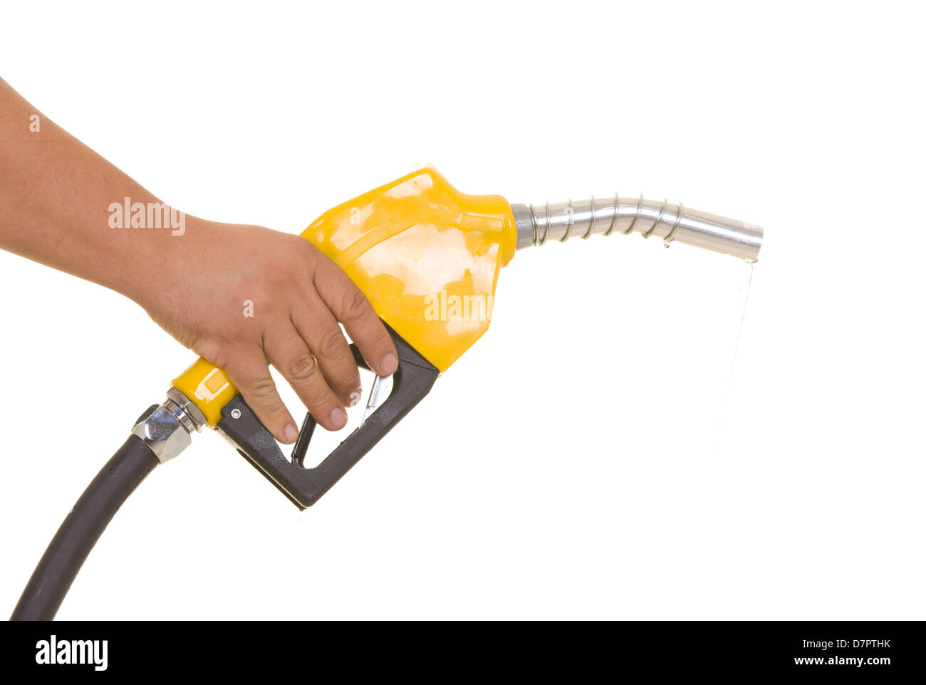 Male hand wasting gas with yellow pump isolated on white Stock Photo ...
