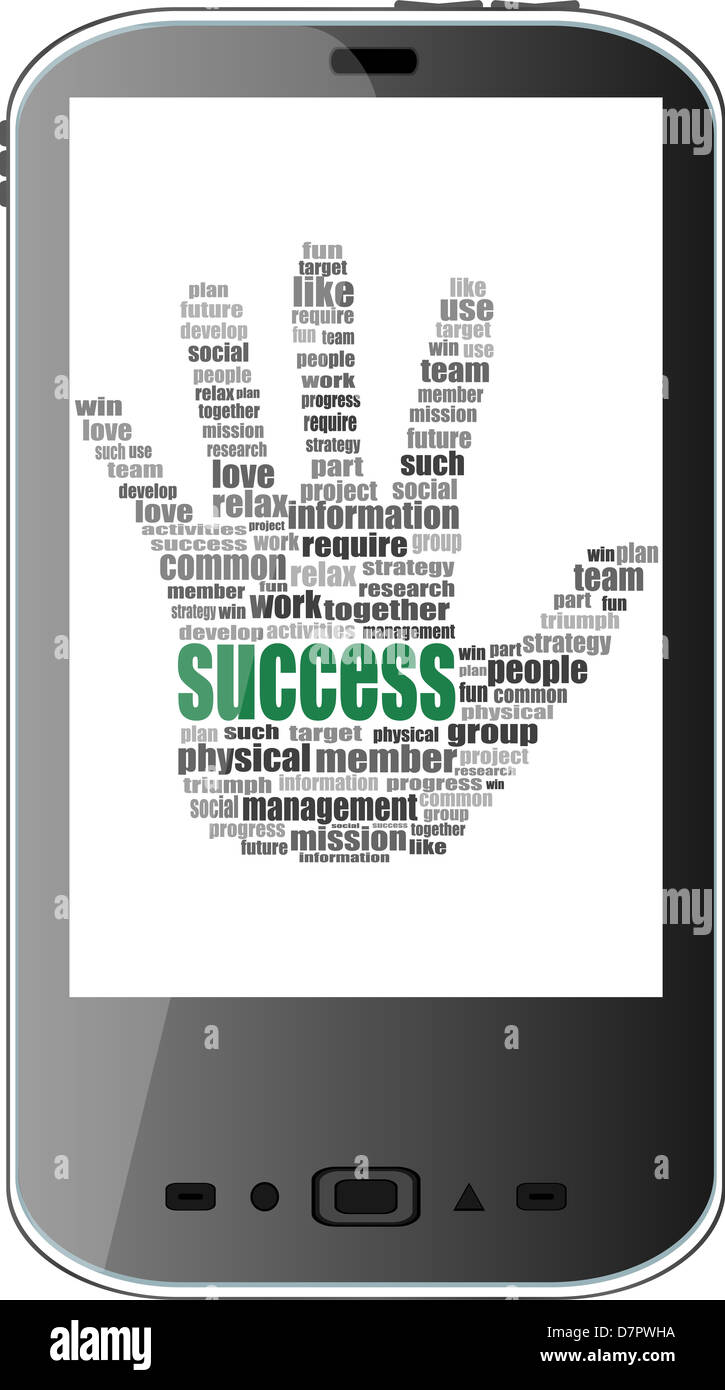 Networking concept: hand holding smartphone with word Cloud on display ...