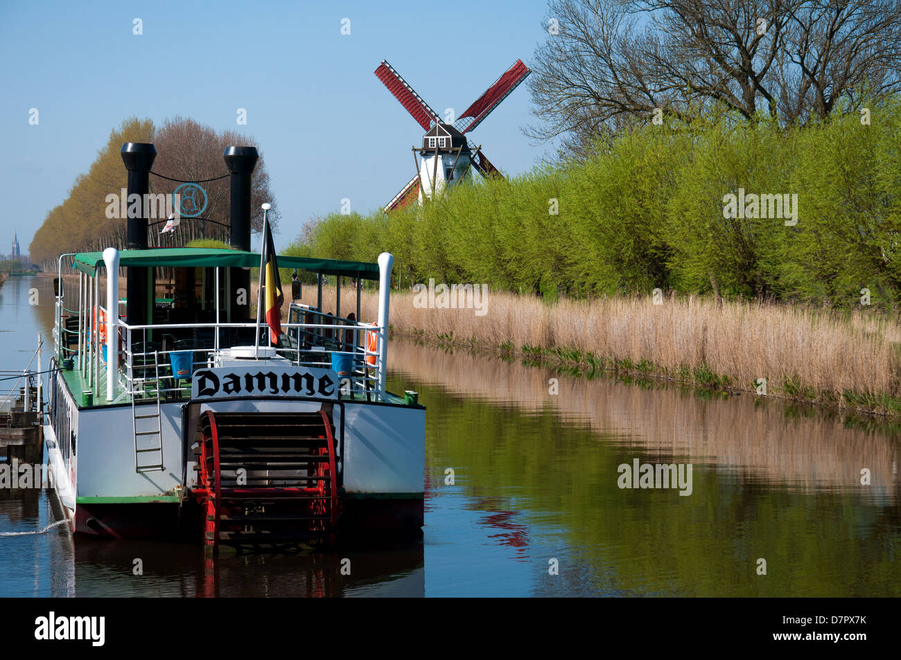 River boat & Windmill Damme, Near Bruges, Belgium Stock Photo - Alamy