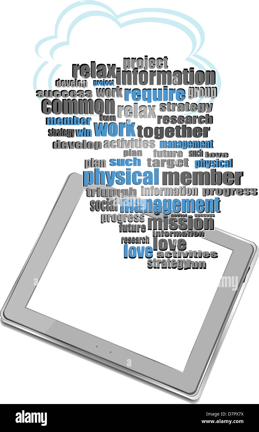 tablet pc in social media words, communication in the global computer ...