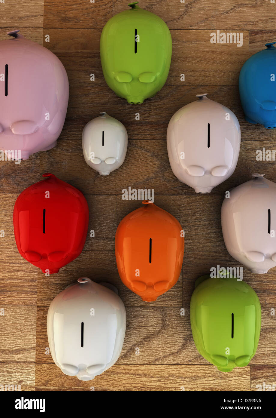 Colorful Plastic Pig Money Boxes on wooden floor - Saving Money Concept ...