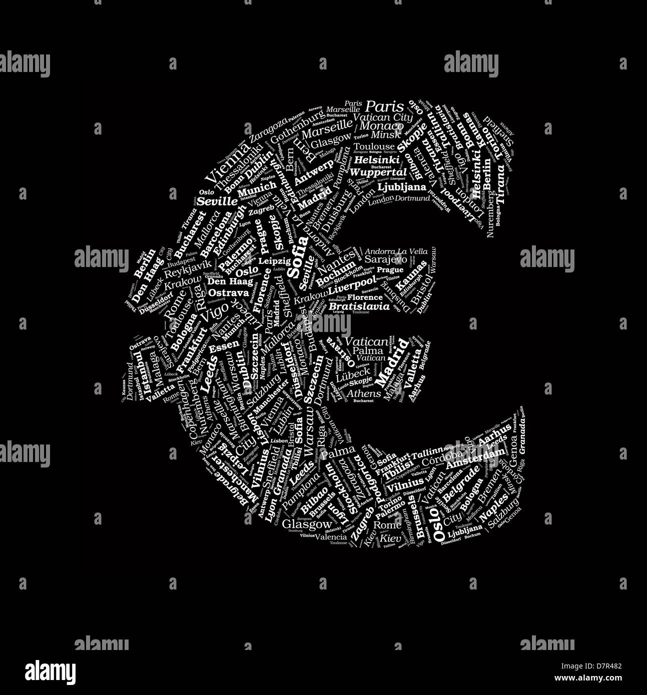 Euro Sign Shaped Vector Word Cloud with European Cities Words on black ...