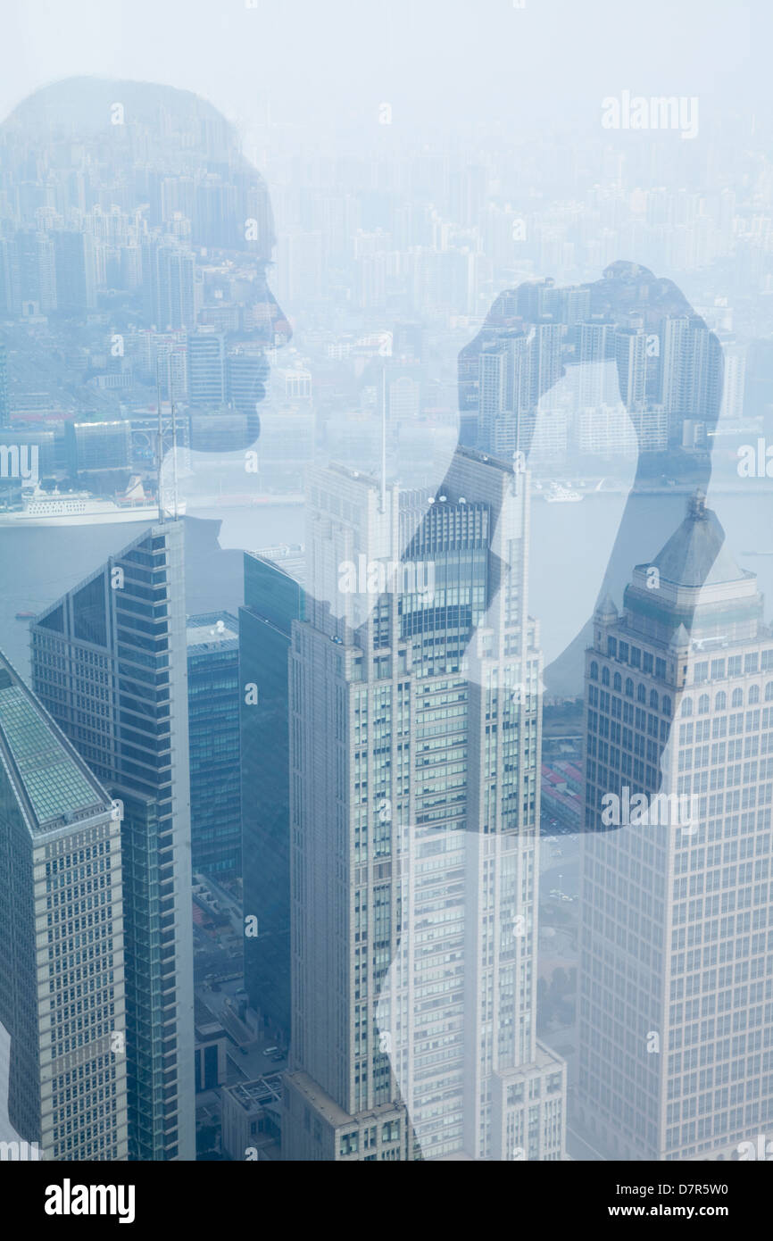 Double exposure of young woman taking picture over cityscape Stock ...