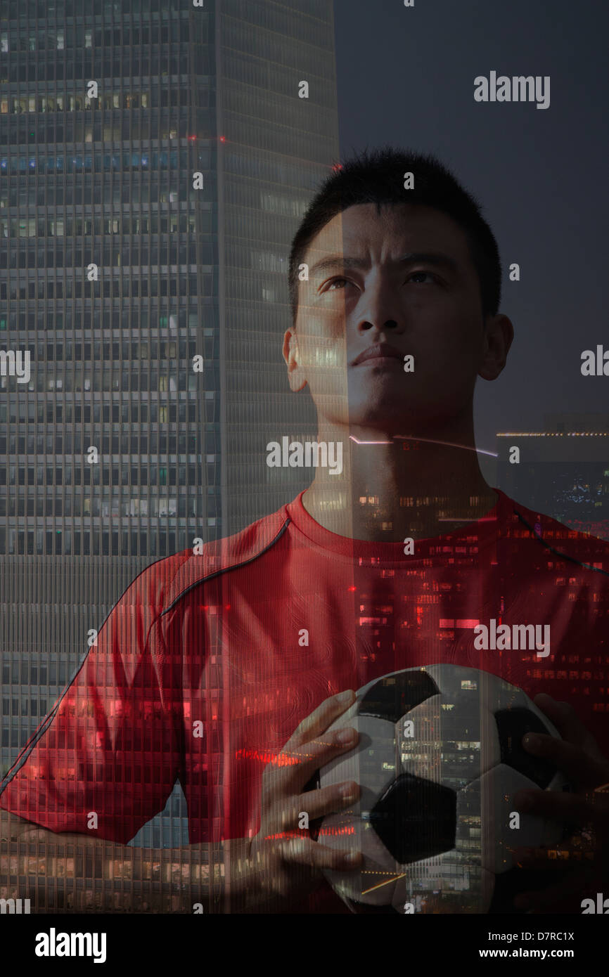 Footballer and cityscape, double exposure Stock Photo - Alamy