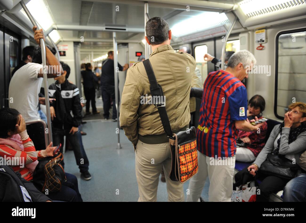Interior view of a metro train in Barcelona, Spain, 01 May 2013. Photo ...