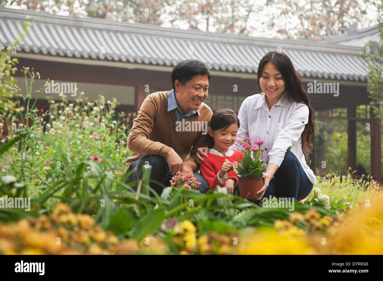 Happy family in garden Stock Photo - Alamy