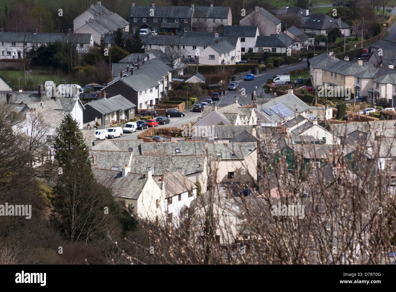 Aerial view of the village of Braithwaite in the Lake District, Cumbria ...
