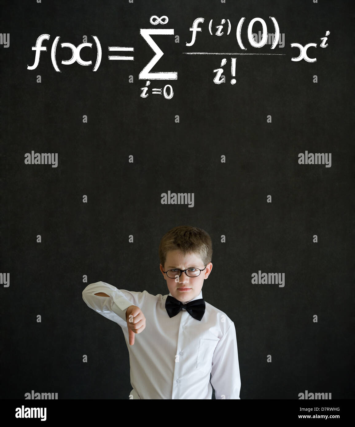 Thumbs down boy dressed up as business man with maths equation on ...