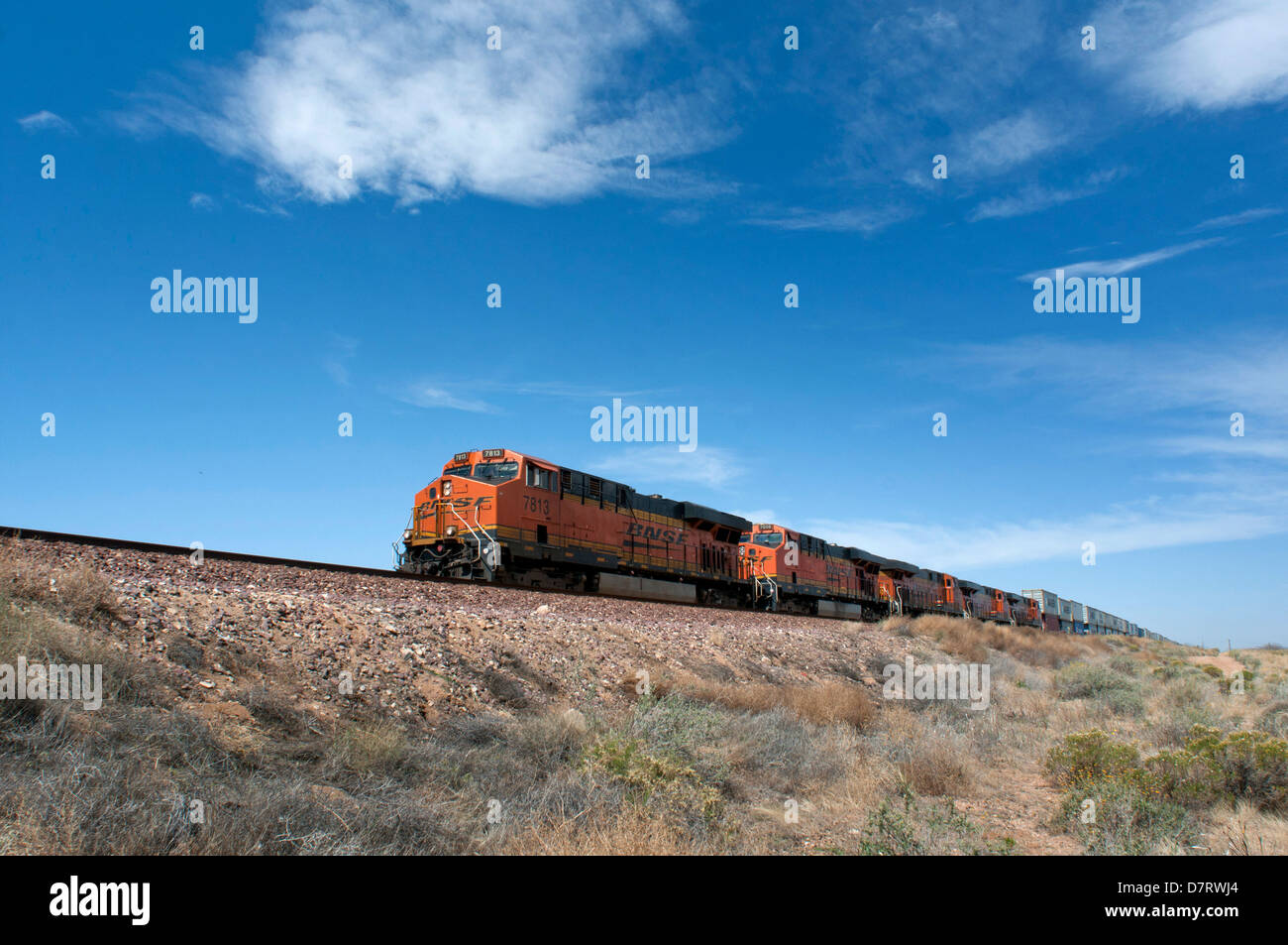 A train from the BNSF Railway line travelling through California's Mojave Desert, near the town ...