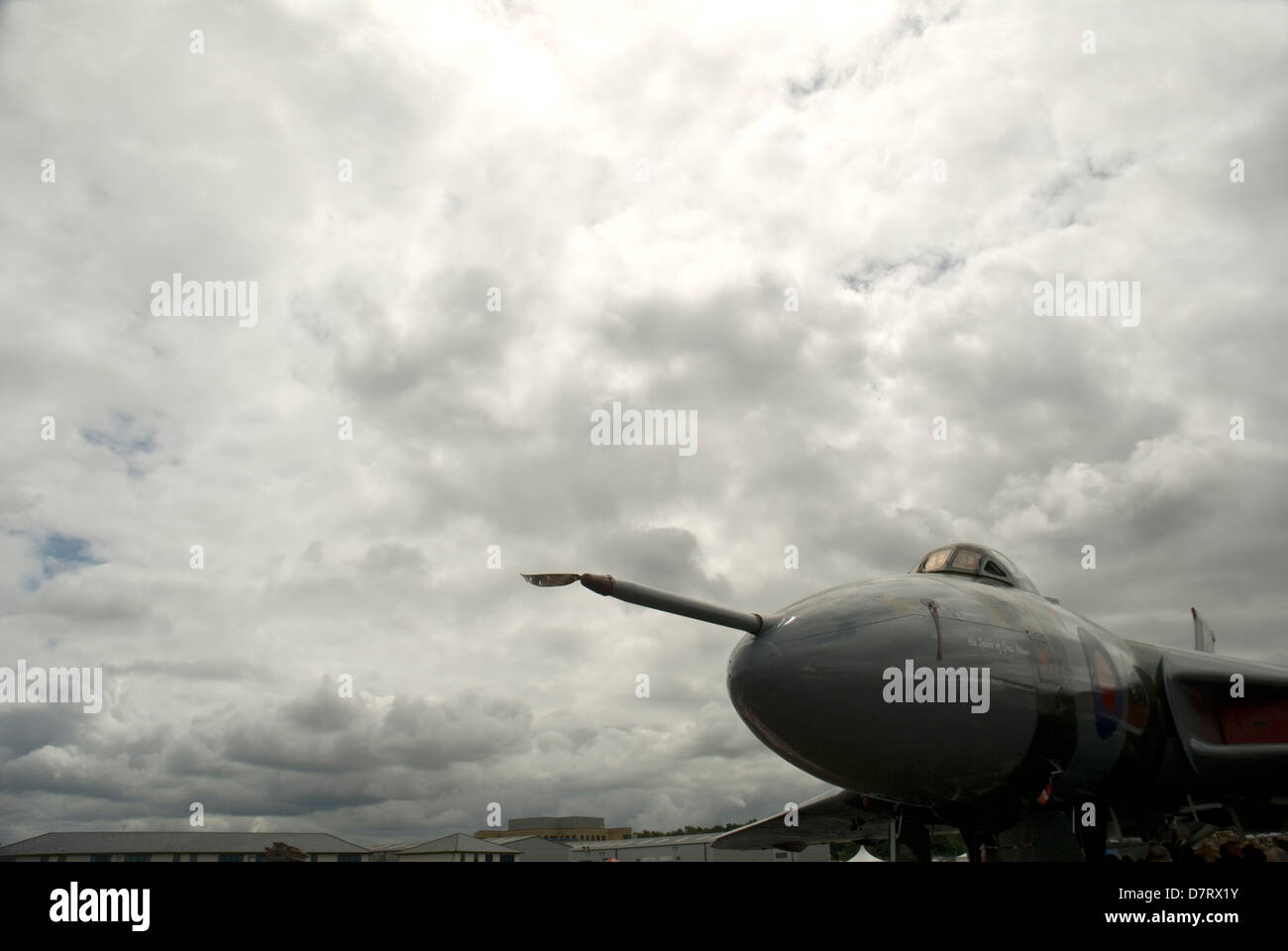 vulcan bomber front cockpit nose view with low dramatic angle in clouds ...
