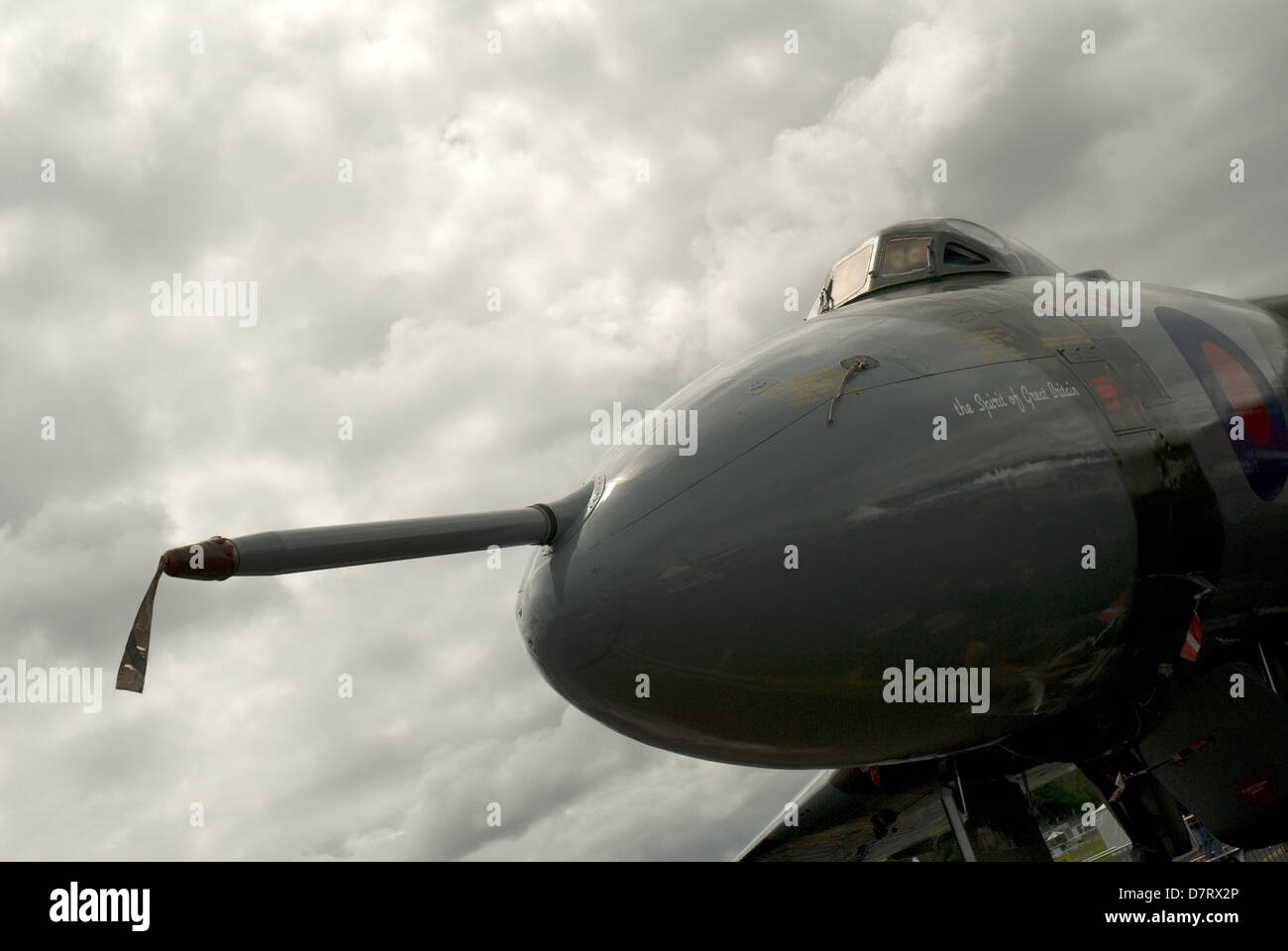 vulcan bomber front cockpit nose view with low dramatic angle in clouds ...